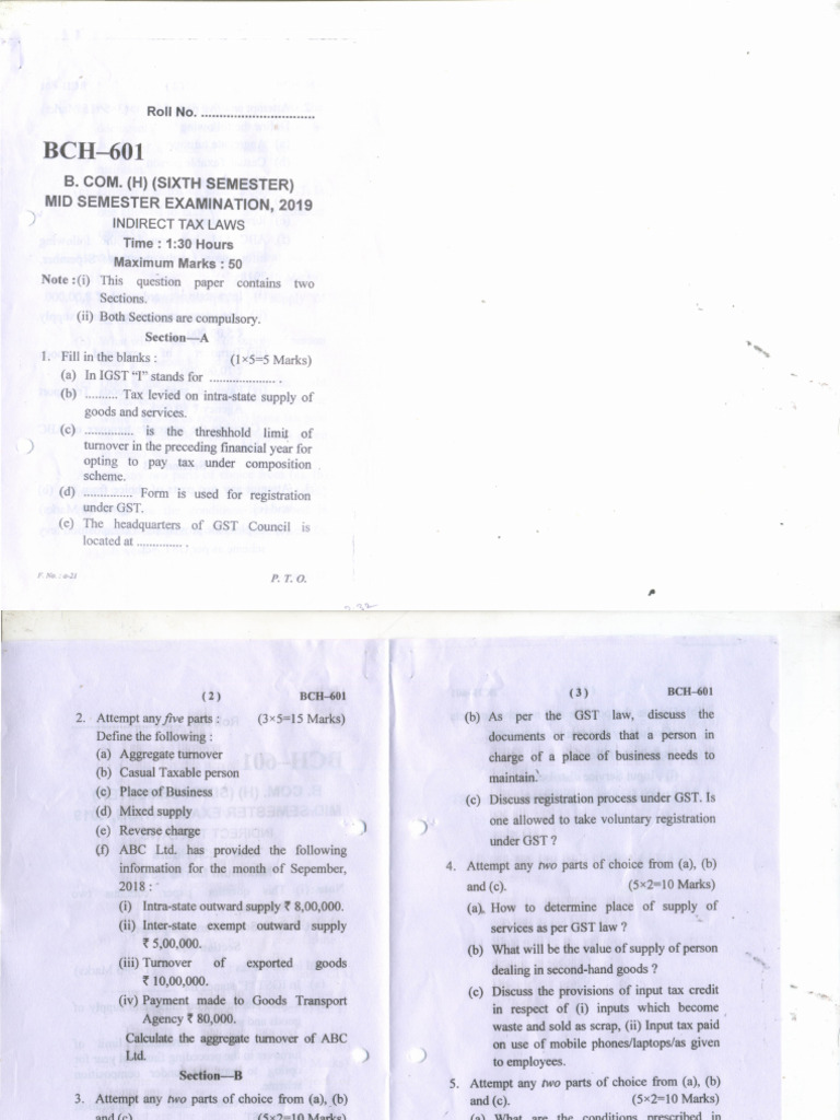 6TH Sem Mid B.com. (H) | PDF | Public Finance | Taxation