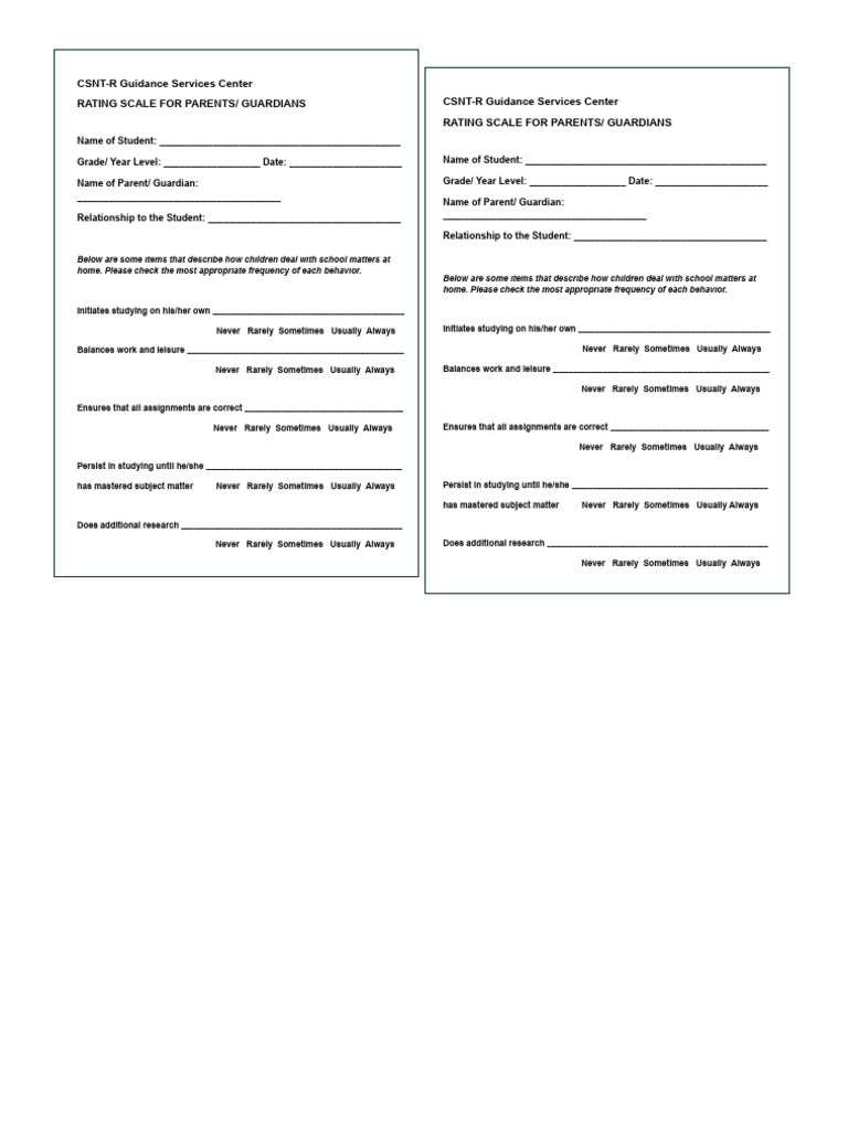 Rating Scale For Parents & Guardian | PDF | Behavioural Sciences ...