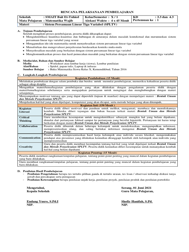RPP 3 - Sistem Persamaan Linear Tiga Variabel | PDF | Karier & Perkembangan | Kesehatan Holistik