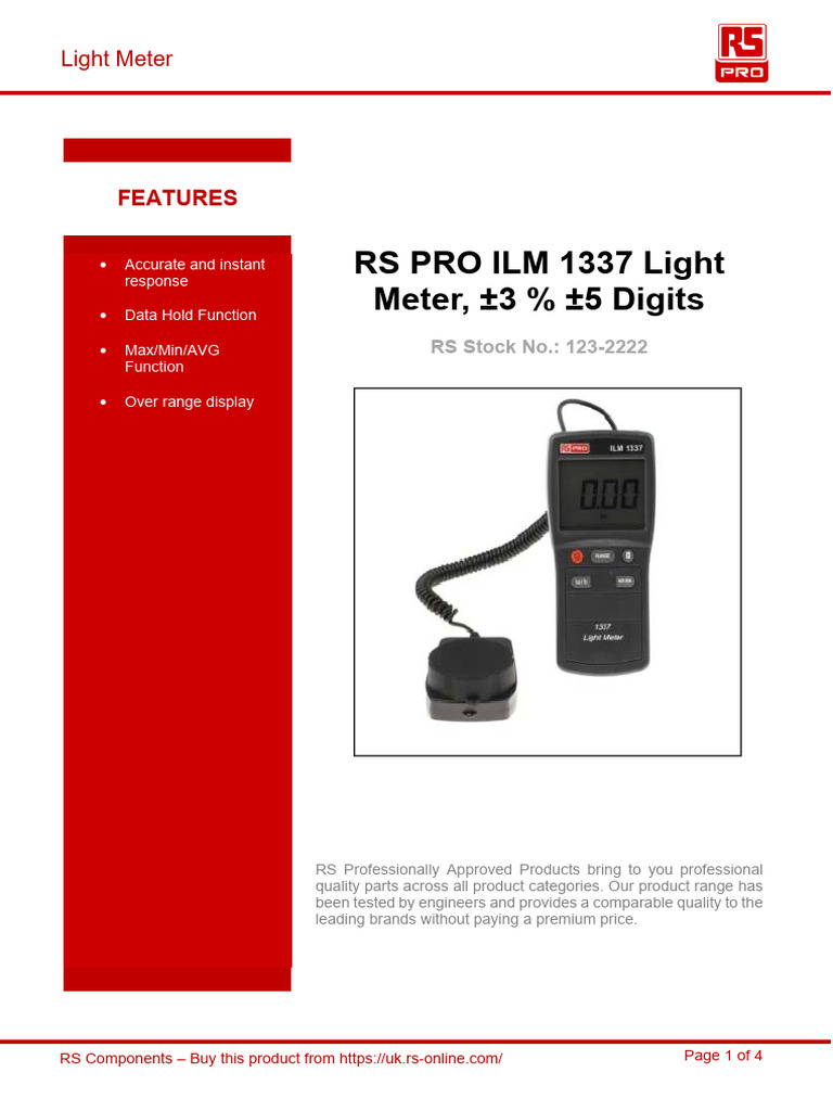 RS PRO ILM 1337 Light Meter, 3 % 5 Digits: Features | PDF | Measurement ...