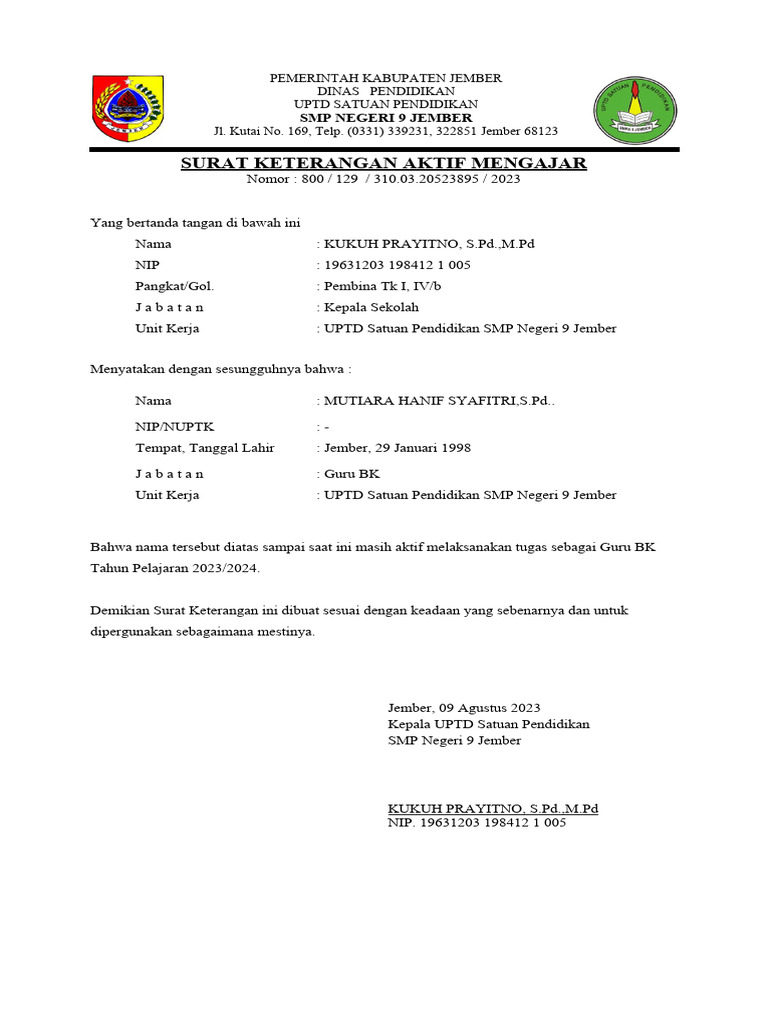 SURAT KETERANGAN AKTIF Melaksanakan Tugas | PDF
