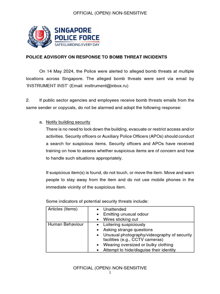 Police Advisory On Response To Bomb Threat Incidents 14 May 2024 | PDF ...