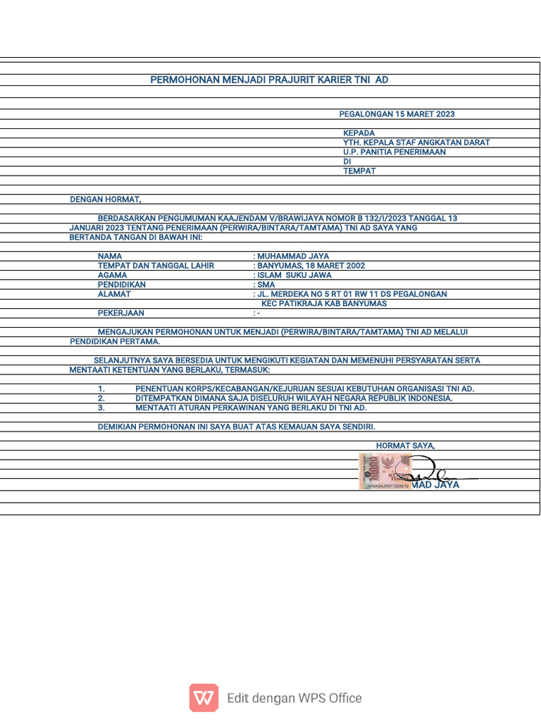 Contoh Permohonan Menjadi Prajurit Karier Tni Ad Tulis Tangan | PDF