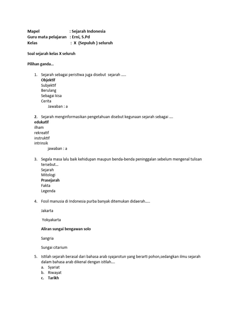 Soal Sejarah Bu Erni (SDH) | PDF