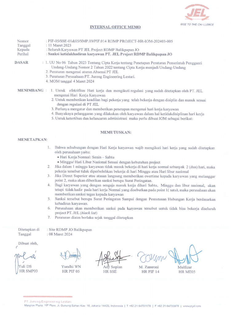 IOM Sanksi Ketidak Hadiran Karyawan JEL RDMP-1-Signed - Edited | PDF