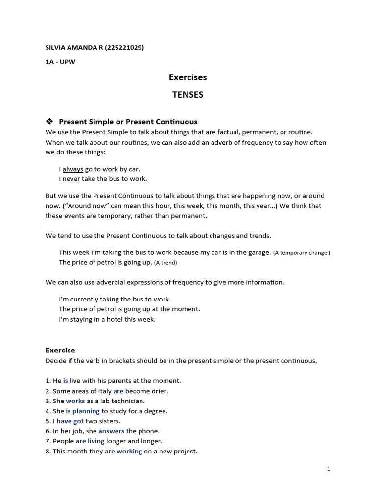 1A - SILVIA AMANDA RAHMAWATI - Tenses - Exercises - Handout | PDF | Grammatical Tense | Linguistics