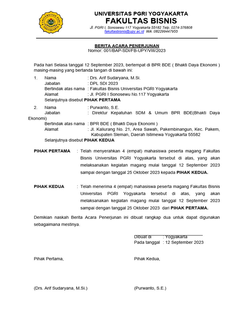 Blangko Berita Acara Penerjunan SDI 2023 - BPR BDE | PDF