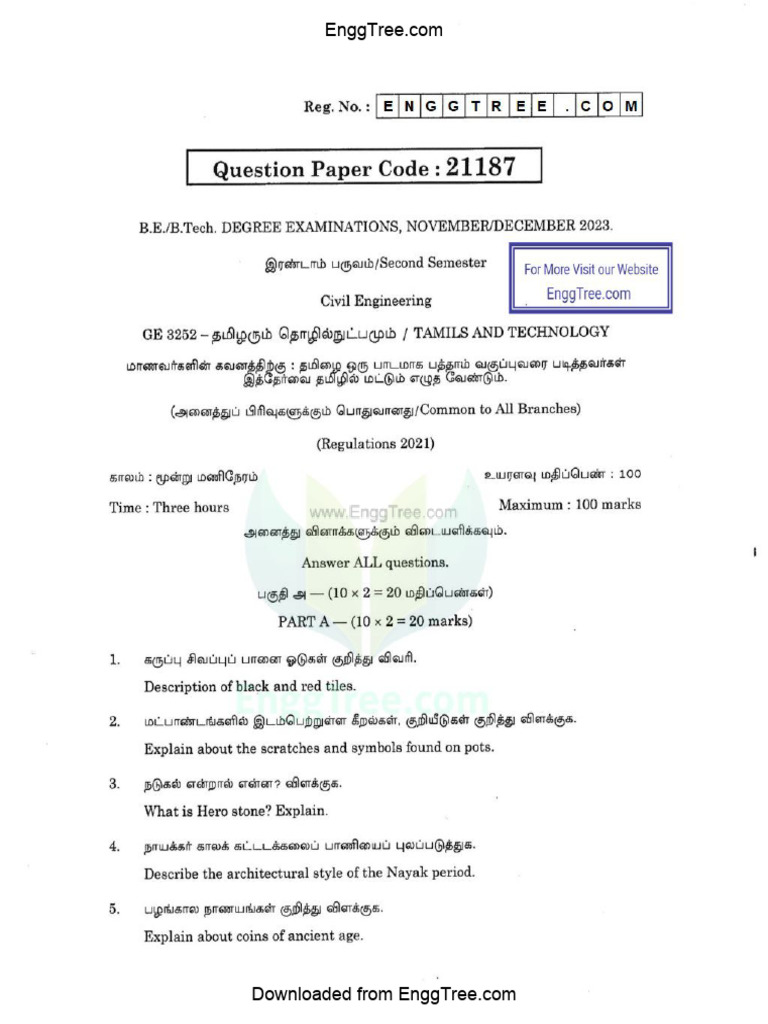 GE3252 Tamils and Technology Nov Dec 2023 Question Paper Download | PDF ...