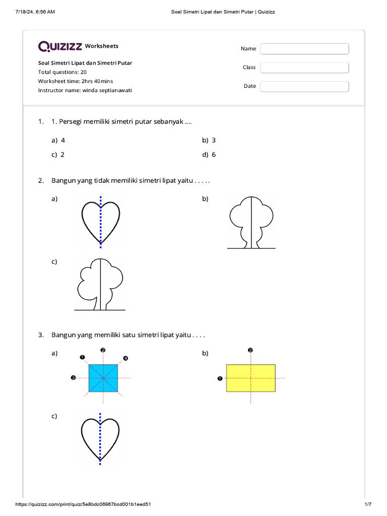 Soal Simetri Lipat Dan Simetri Putar - Quizizz | PDF