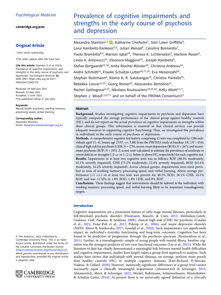Prevalence of Cognitive Impairments and Strengths in The Early Course ...