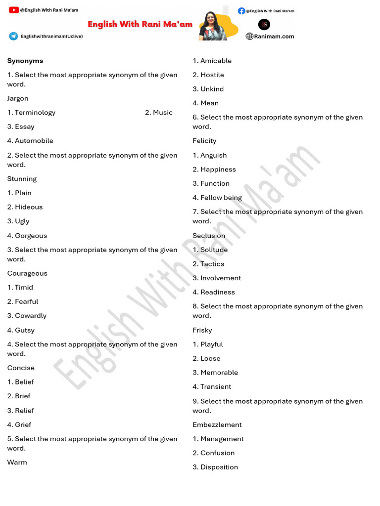 Synonyms & Antonyms Asked in SSC PHASE 12 | PDF | Language Arts ...