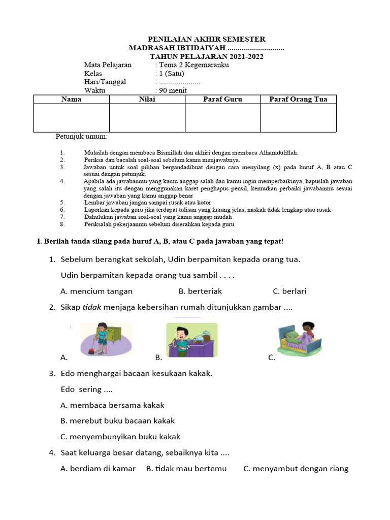 Kelas 1 Form Soal Tema 2 | PDF | Griya & Taman | Seni