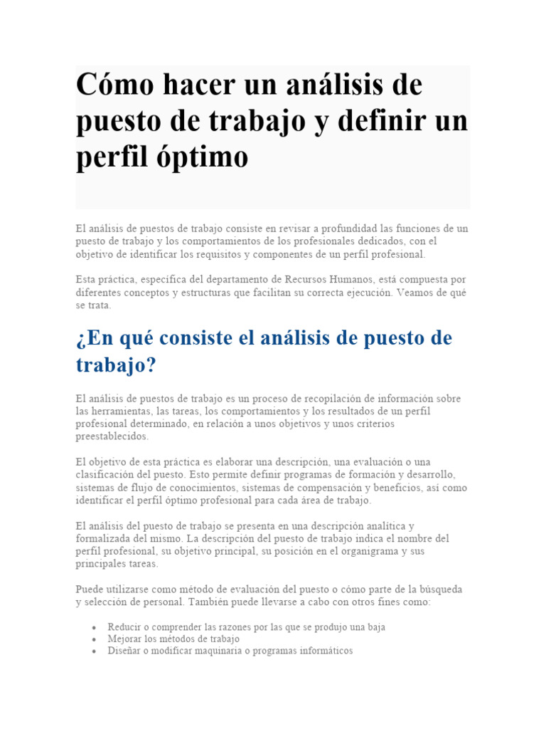 Cómo Hacer Un Análisis de Puesto de Trabajo y Definir Un Perfil Óptimo ...