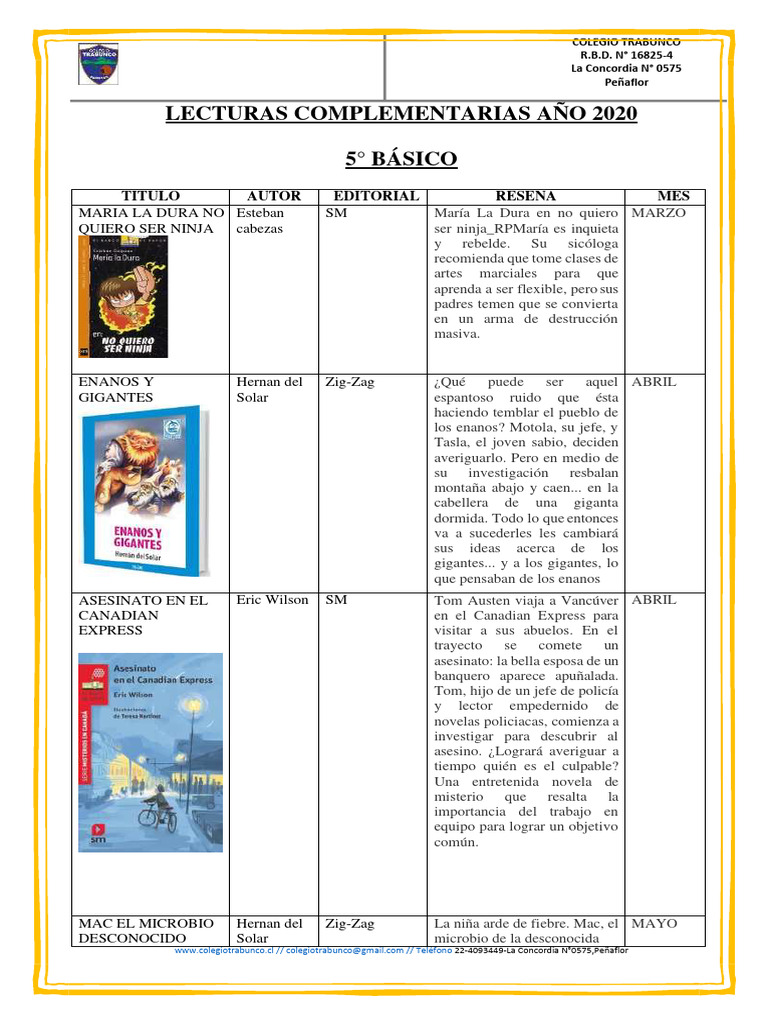 Libros Lectura Complementaria 5° Basico | PDF