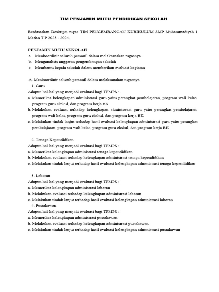 Laporan Tim Penjamin Mutu Pendidikan Sekolah | PDF