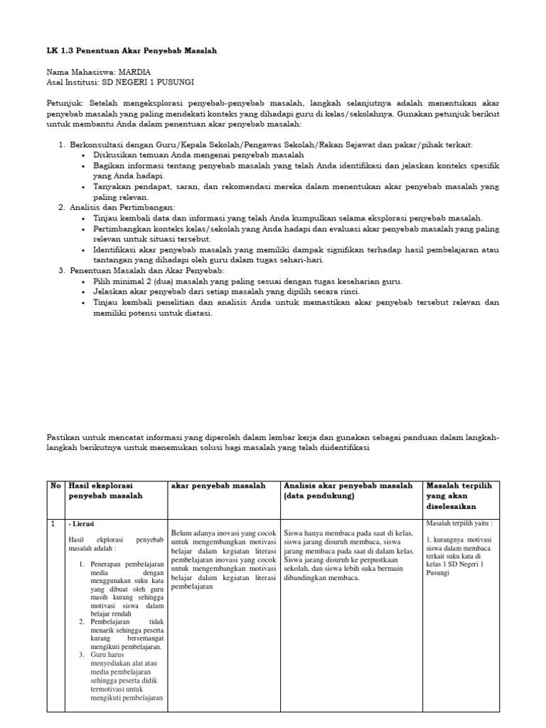 LK 1.3 Penentuan Akar Penyebab Masalah - Umum MARDIA | PDF