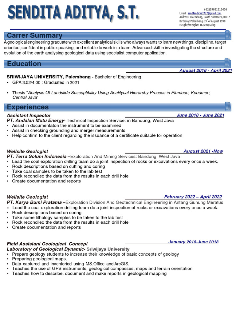 CV Sendita Aditya-Geotech Engineer | PDF | Geology | Exploration