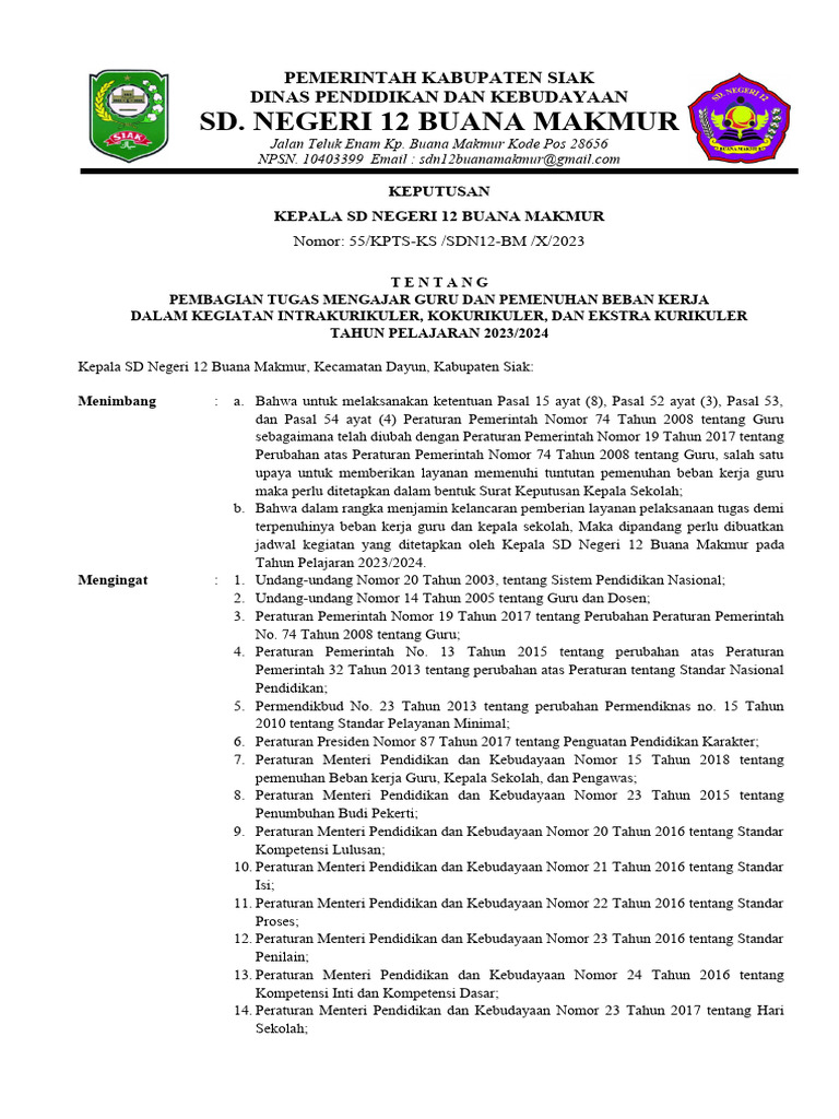 SK PEMBAGIAN TUGAS MENGAJAR SDN 12 | PDF