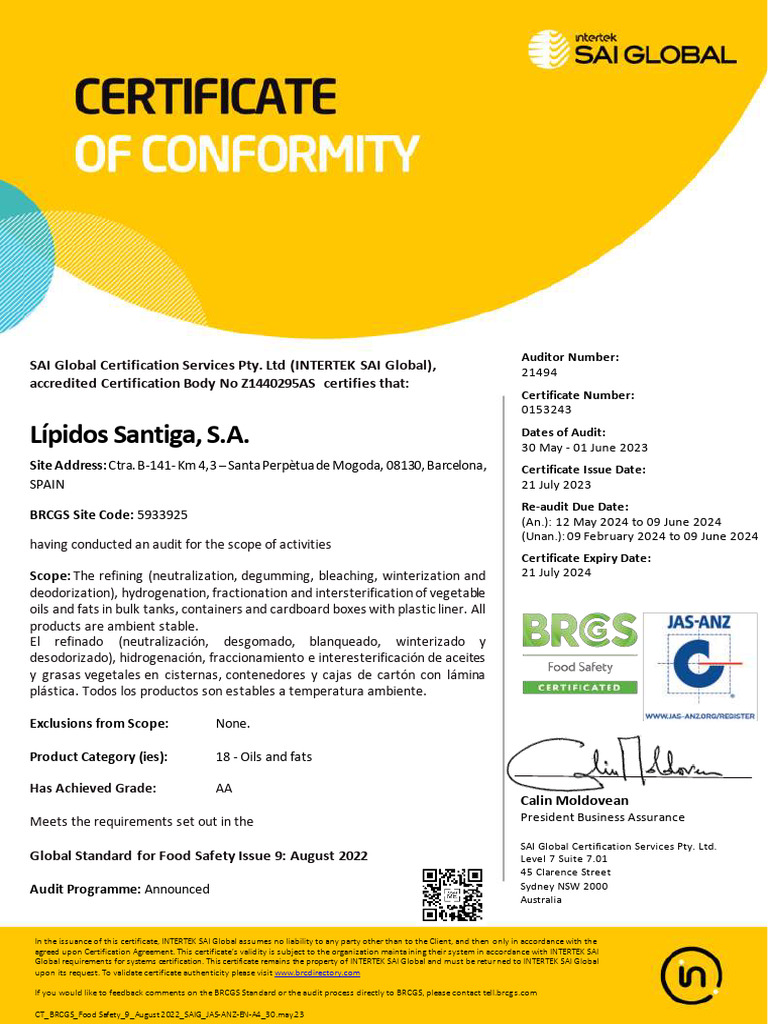 BRCGS Certificate Until 20240721 | PDF