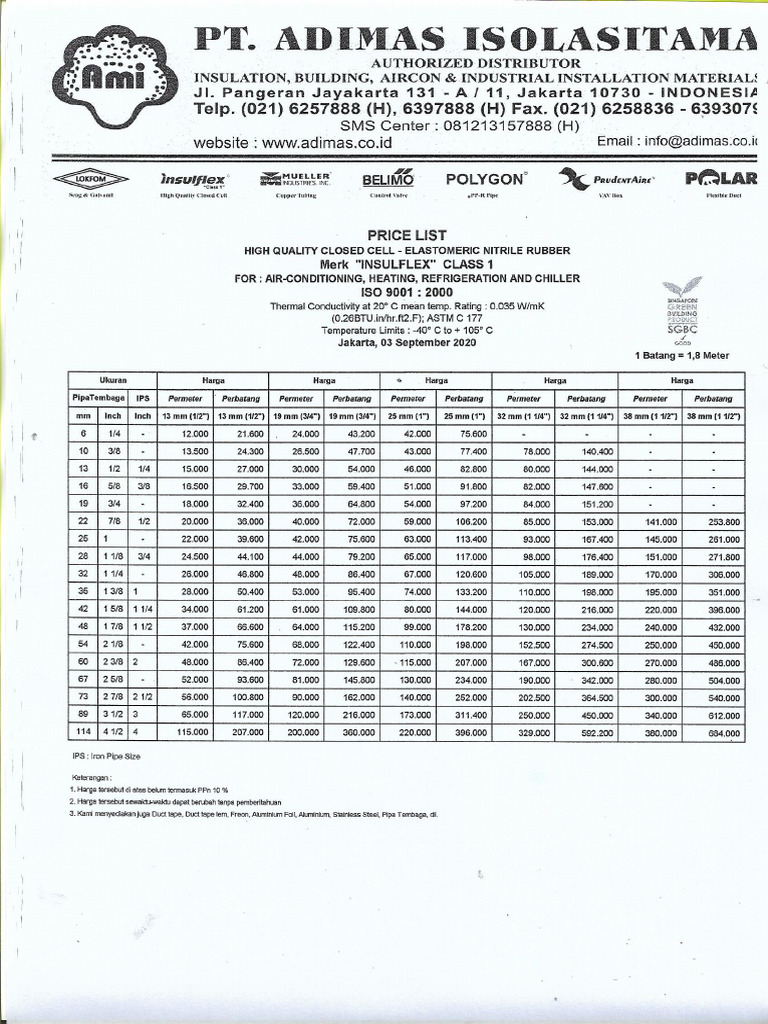 Price List Insulflex September 2020 New | PDF