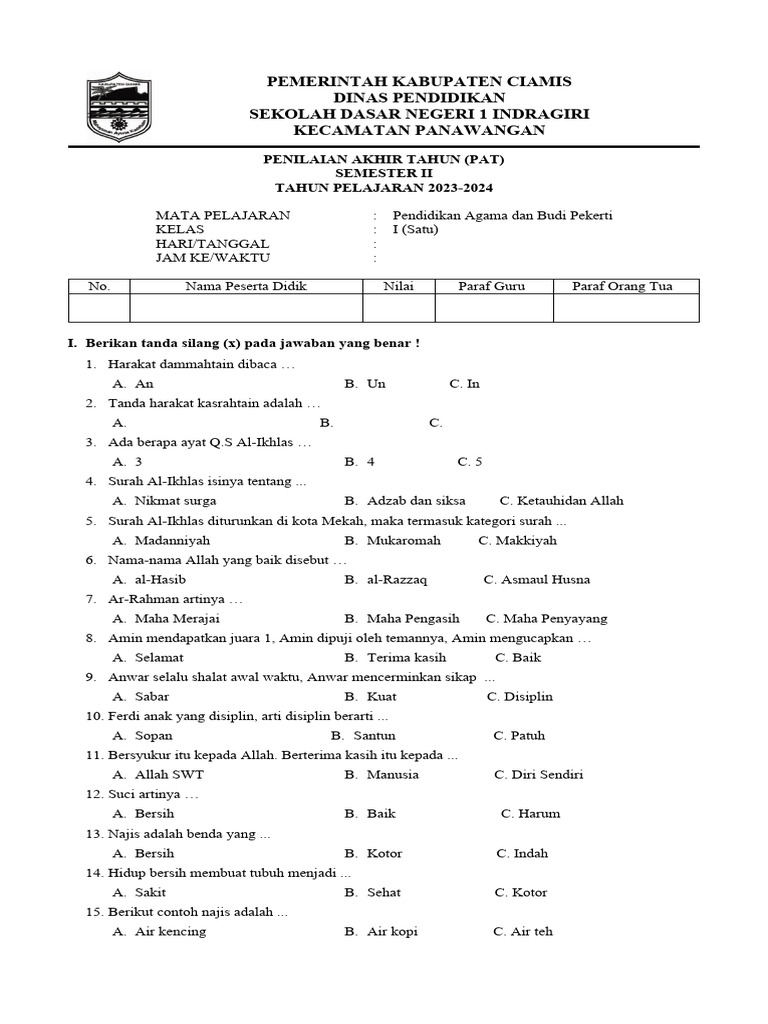 Soal Pat Pai Kelas 1 | PDF