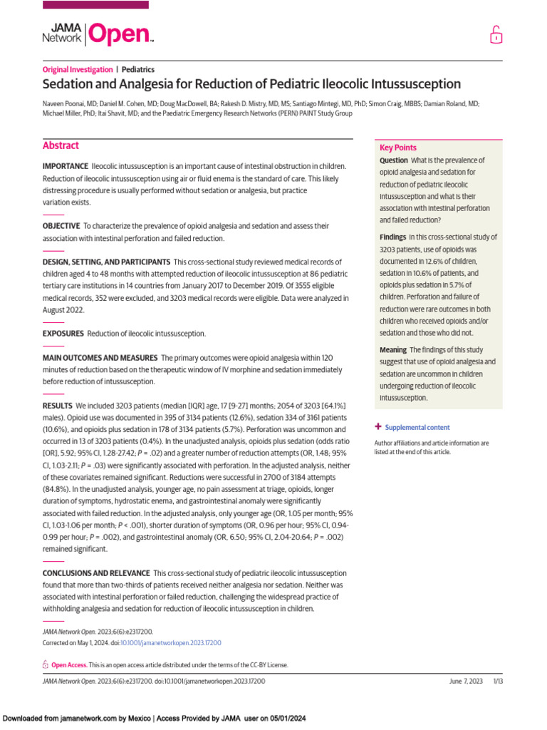Sedation and Analgesia for Reduction of Pediatric Ileocolic ...