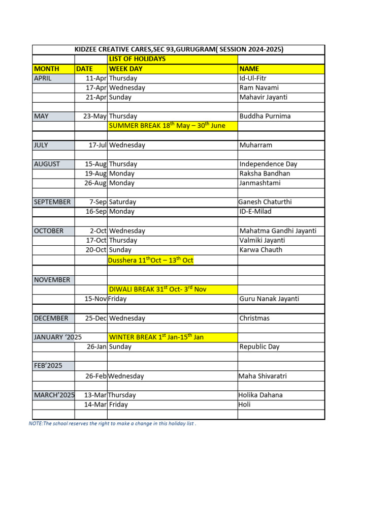 Kidzee Holiday List | PDF