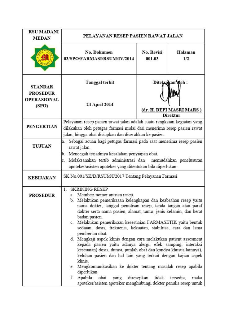 Spo Pelayanan Resep Pasien Rawat Jalan | PDF | Pengembangan Diri | Kesehatan Holistik