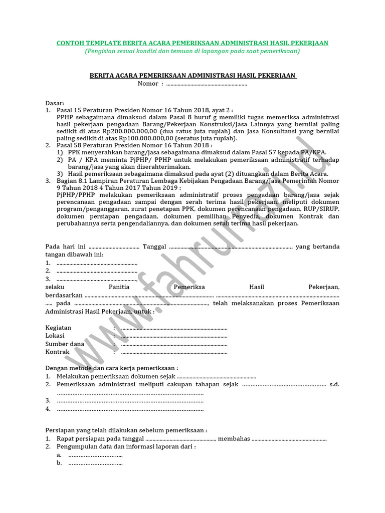 Contoh Format Pemeriksaan Administrasi Hasil Pekerjaan Oleh PPHP (PPK ...