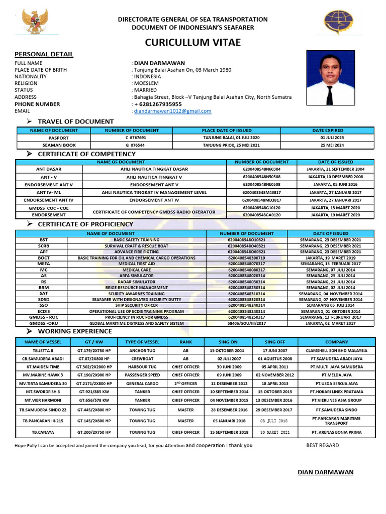 Cv. Words Dian Darmawan Ant Iv Management Level-1 | PDF | Ships | Water Transport