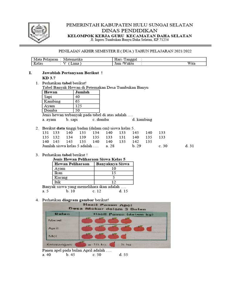 Soal MTK 5 Uas Sem 2 TH 2022 | PDF