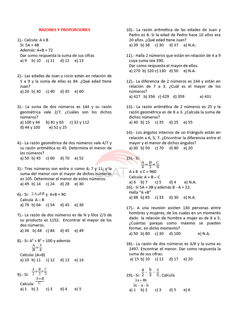 Ejercicios De Razones Y Proporciones Pdf Matemáticas Aritmética
