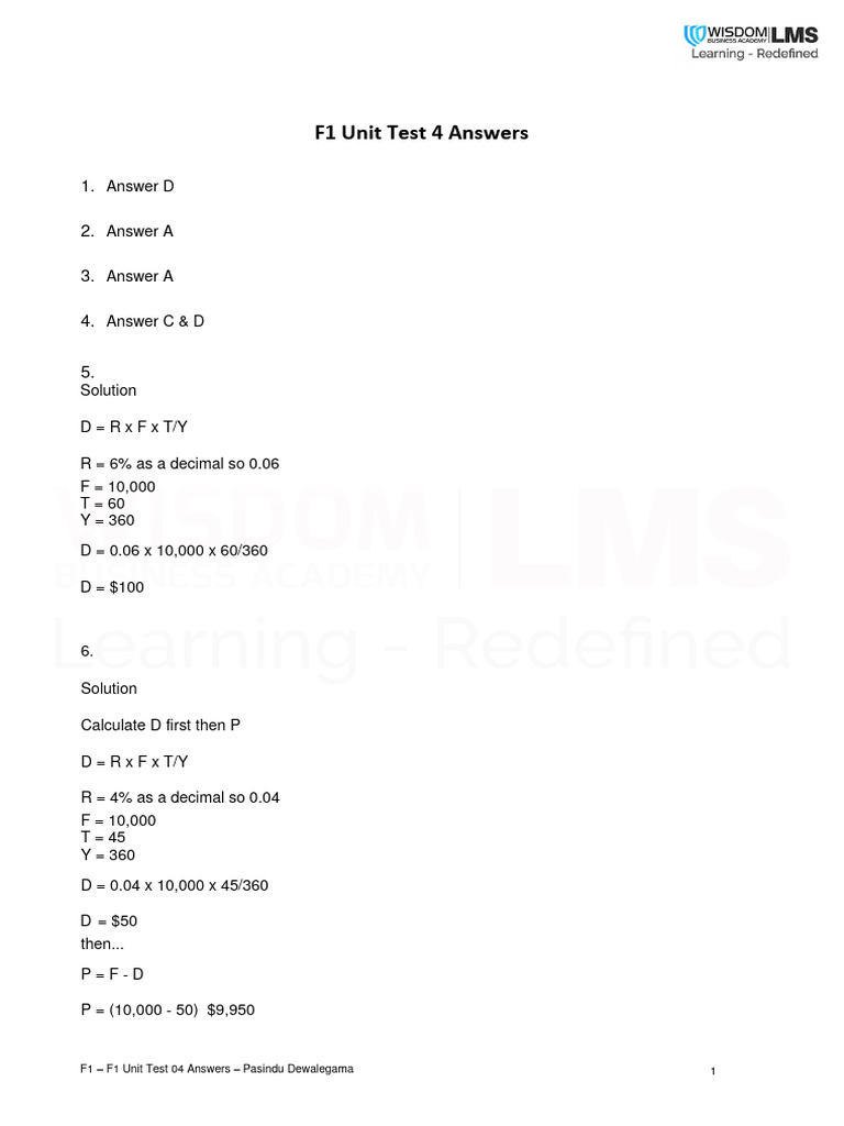 F1 Unit Test 4 Answers | PDF | Investing | Balance Sheet