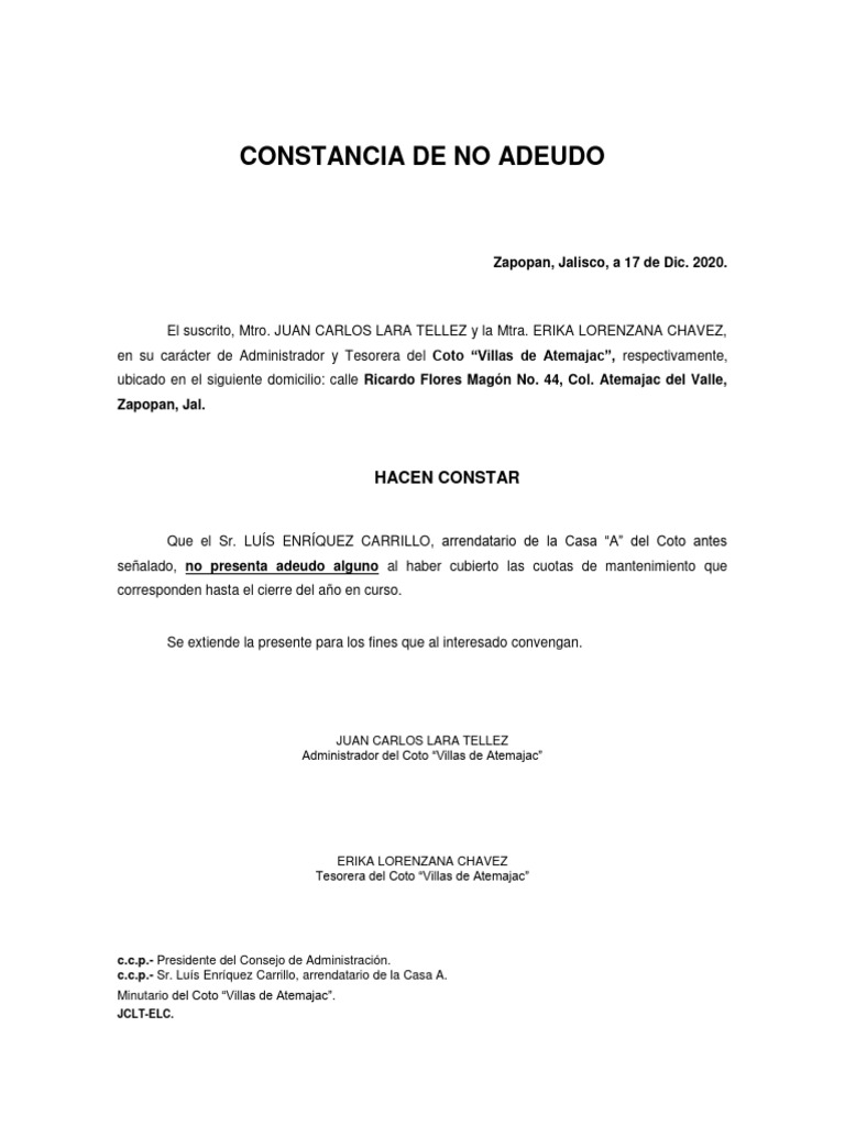 Formato Constancia de No Adeudo | PDF | Derecho