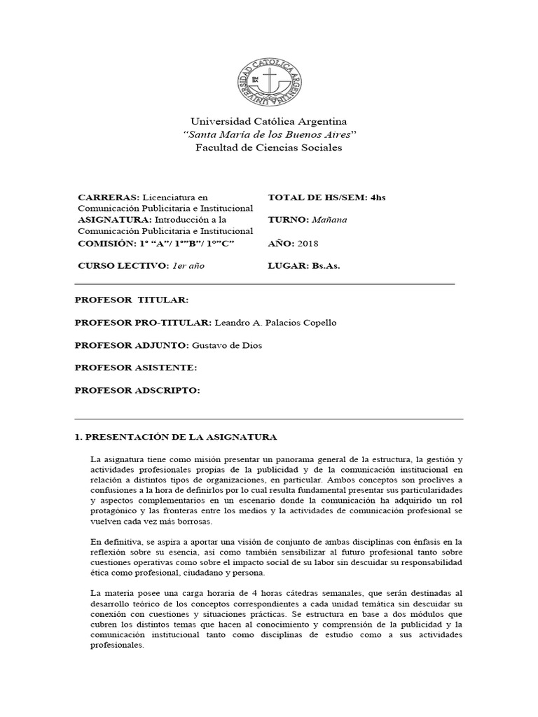 Programa de La Materia Introducción A La Comunicación Publicitaria e Institucional | PDF ...
