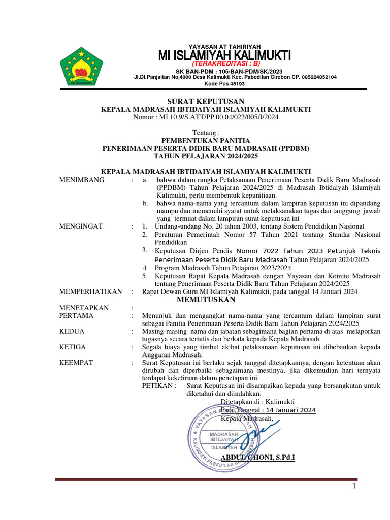 Pembentukan Panitia PPDB MI 2024 | PDF