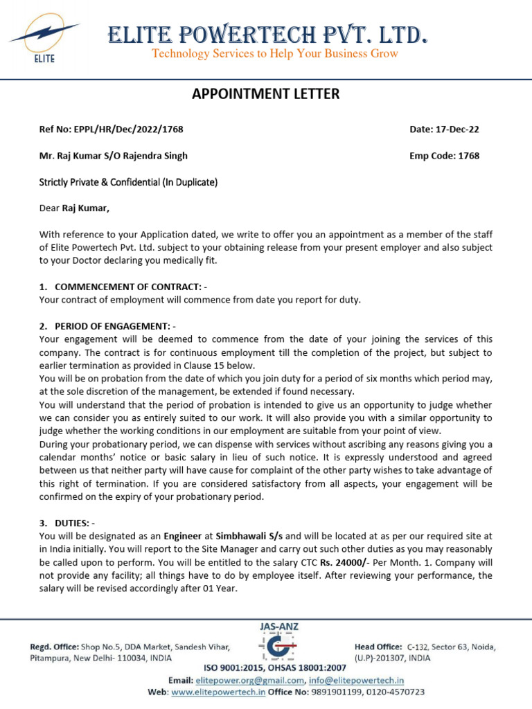 Elite Powertech Pvt. LTD: Appointment Letter | PDF | Electrical Substation