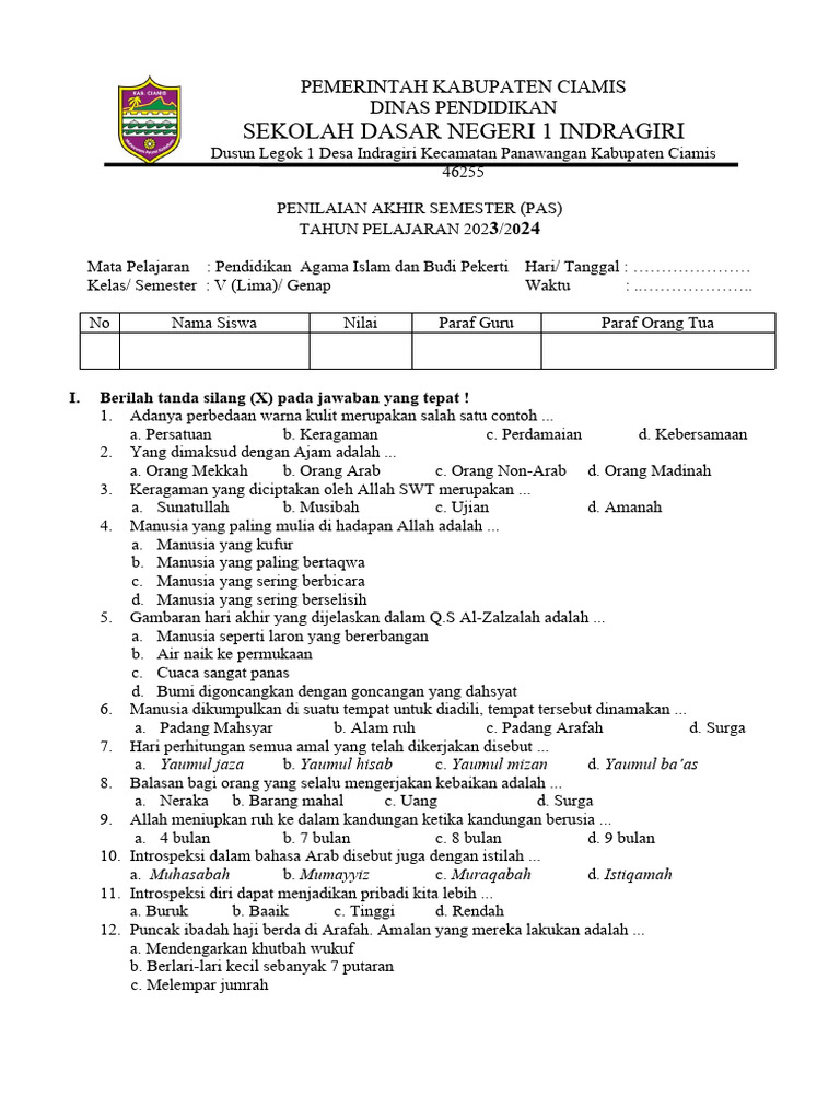 Soal Pat Pai Kelas 5 | PDF