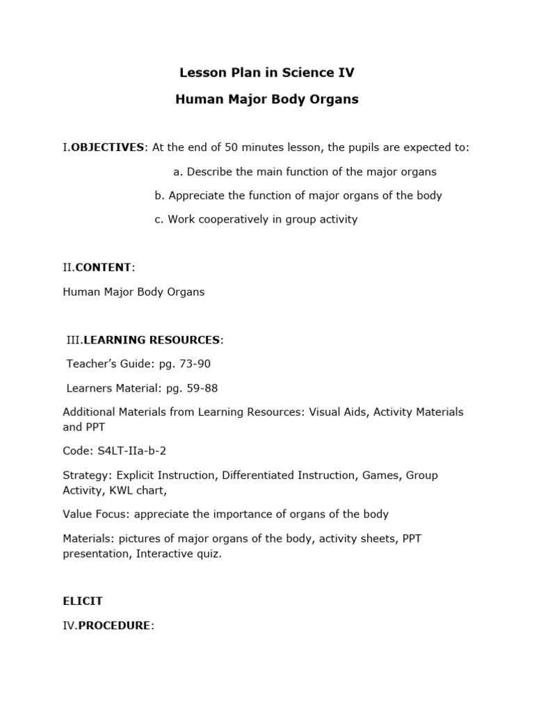 Human Body Organs Lesson Plan | PDF | Blood | Teachers