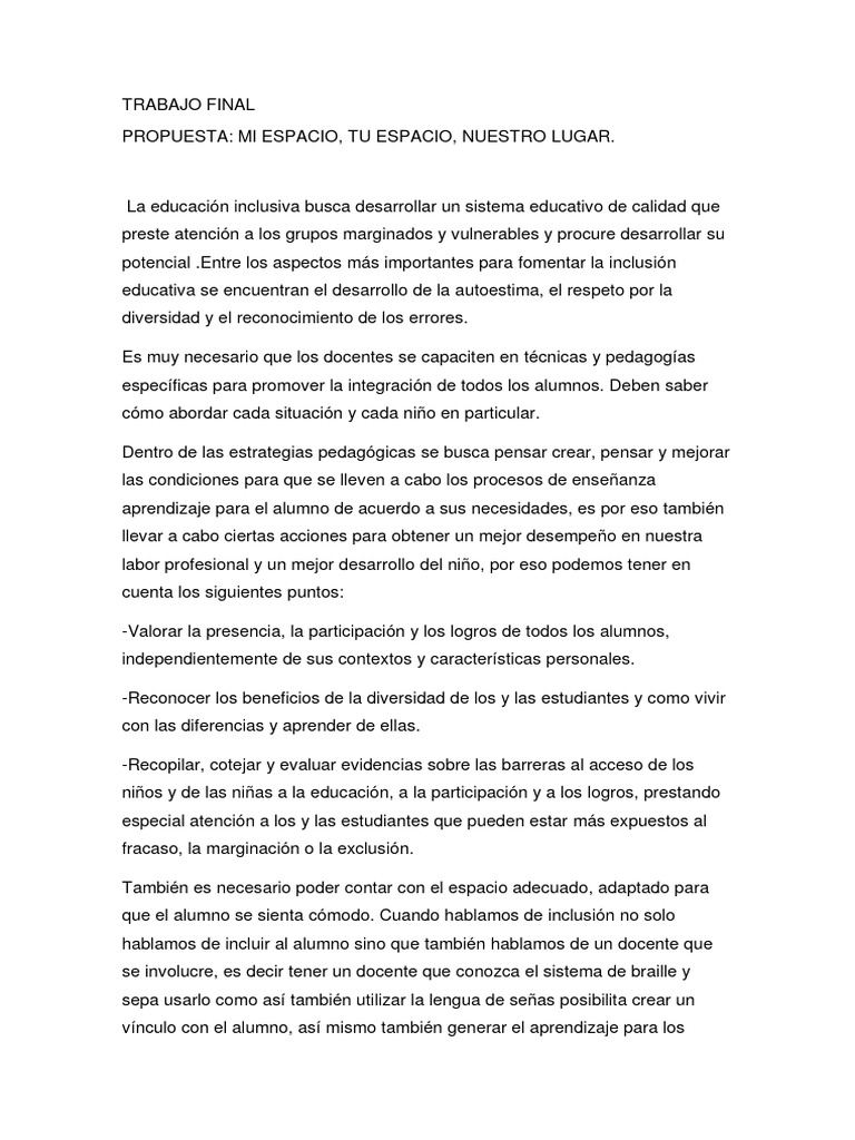 Trabajo Final Disc.y Educ. | PDF | Inclusión (Educación) | Enseñando