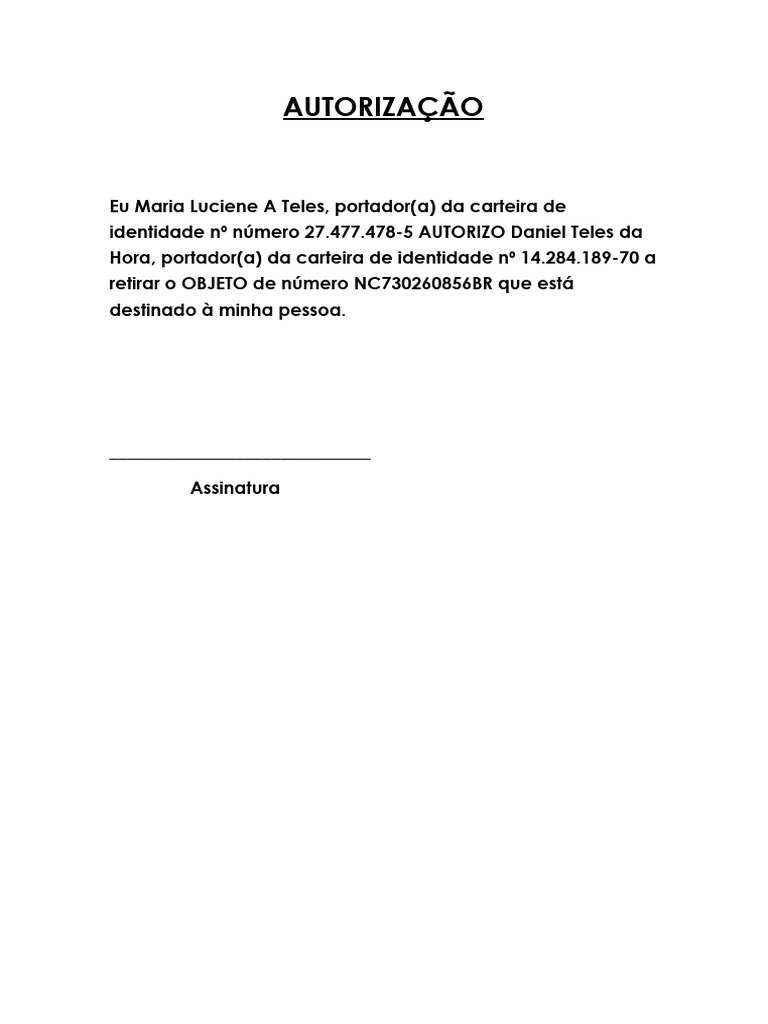 Autorização Retirada de Encomenda Por Terceiros | PDF Autorização Retirada de Encomenda Por Terceiros | PDF