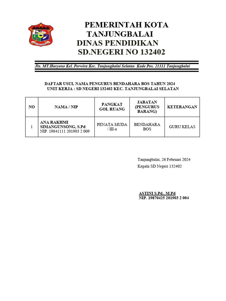 Usulan Nama Bendahara BOS Dan Pengurus Barang 2023 | PDF