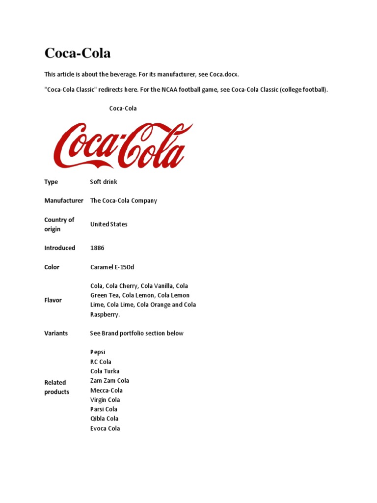 Coca-Cola: Type Manufacturer Country of Origin Introduced Color | PDF ...