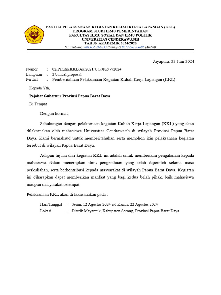 Surat Pemberitahuan Pelaksanaan Kegiatan KKL-1 | PDF