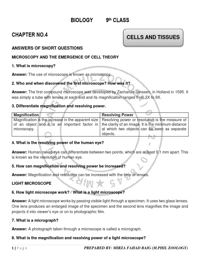 9th Bio Chapter No.4. Cells and Tissues | PDF | Tissue (Biology ...