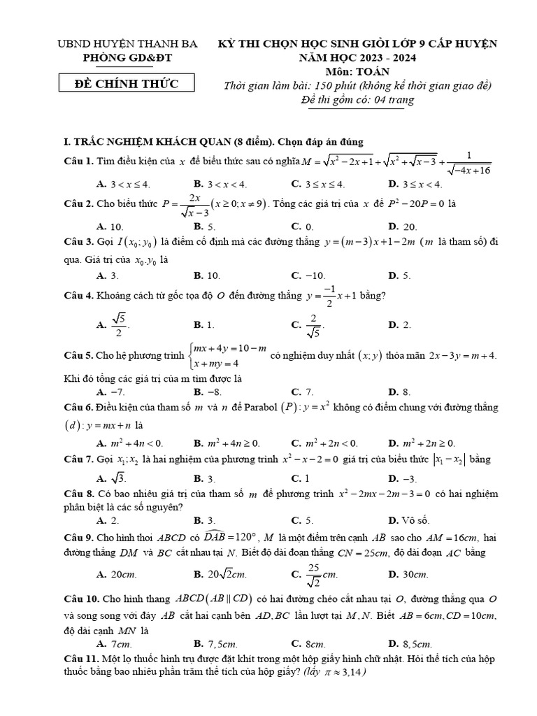 De Thi HSG Lop 9 Mon Toan Cap Huyen Nam 2023 2024 Phong GD DT Thanh Ba Phu Tho 5710 | PDF