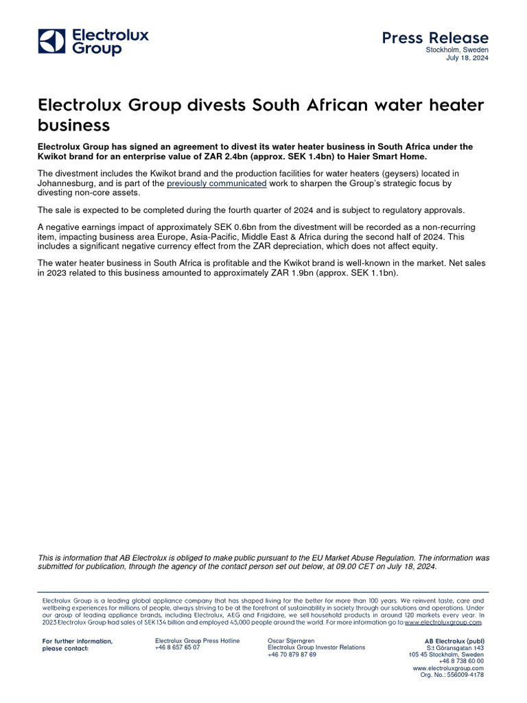 Electrolux Electrolux Group Divests South African Water Heater Business ...