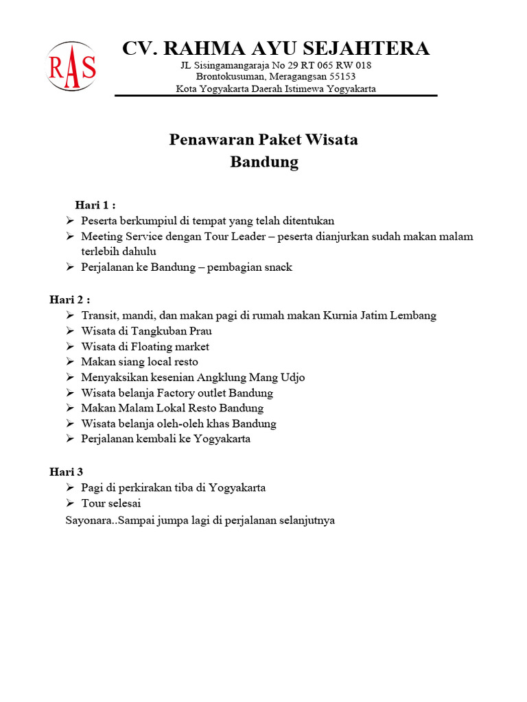 Penawaran Paket Wisata Bandung RAS | PDF