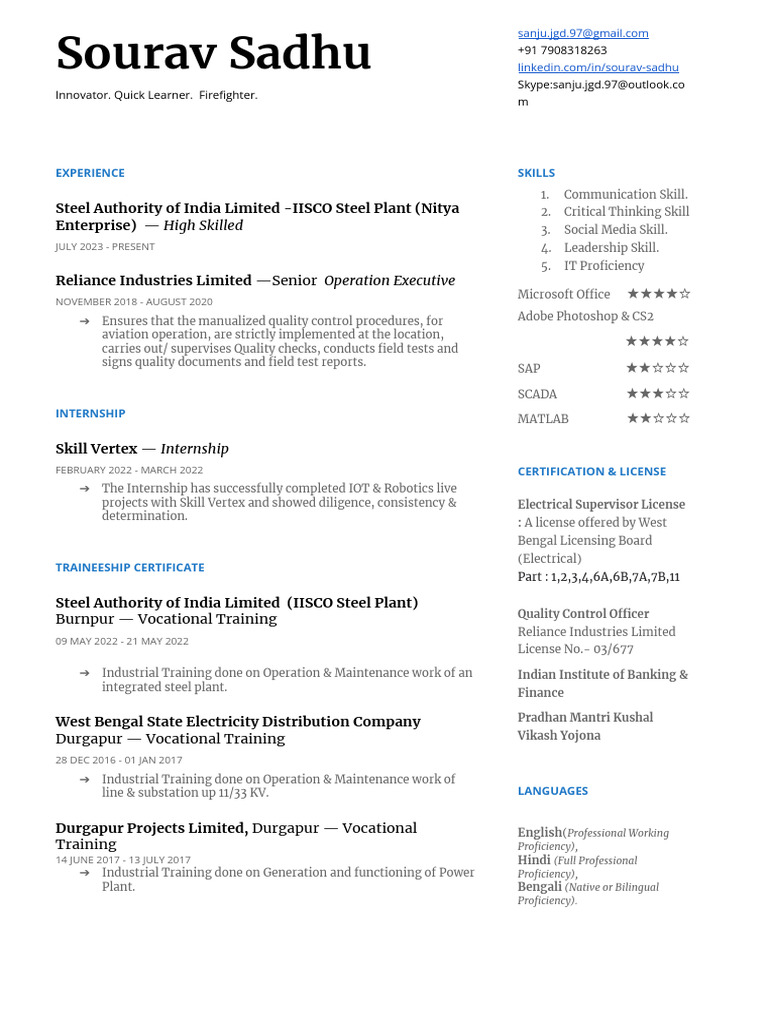 Sourav Sadhu: Experience Skills | PDF | Engineering | Power (Physics)