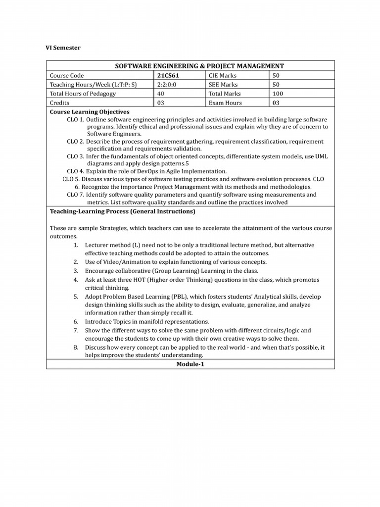 21CS61 Software Engineering and Project Managem | PDF